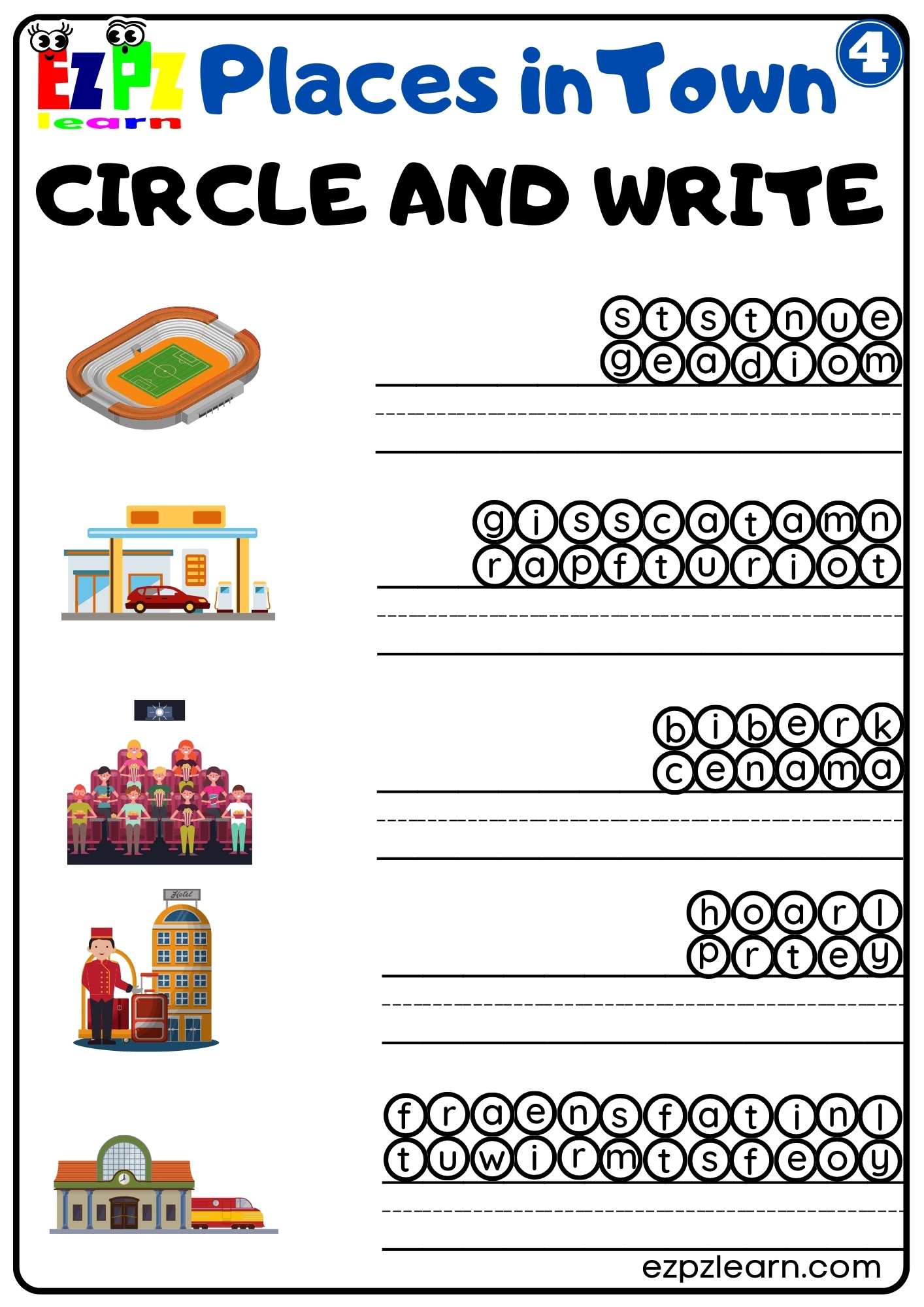 Places in Town Vocabulary Circle and Write Worksheet for K5 Kids and ESL Students Group 4 ...